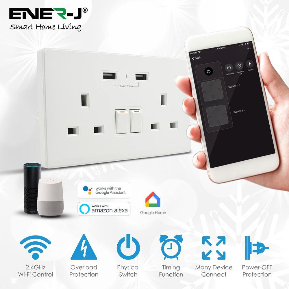 ENERJ 13A Smart WiFi Double Wall Sockets With USB, APP & Voice Control ...