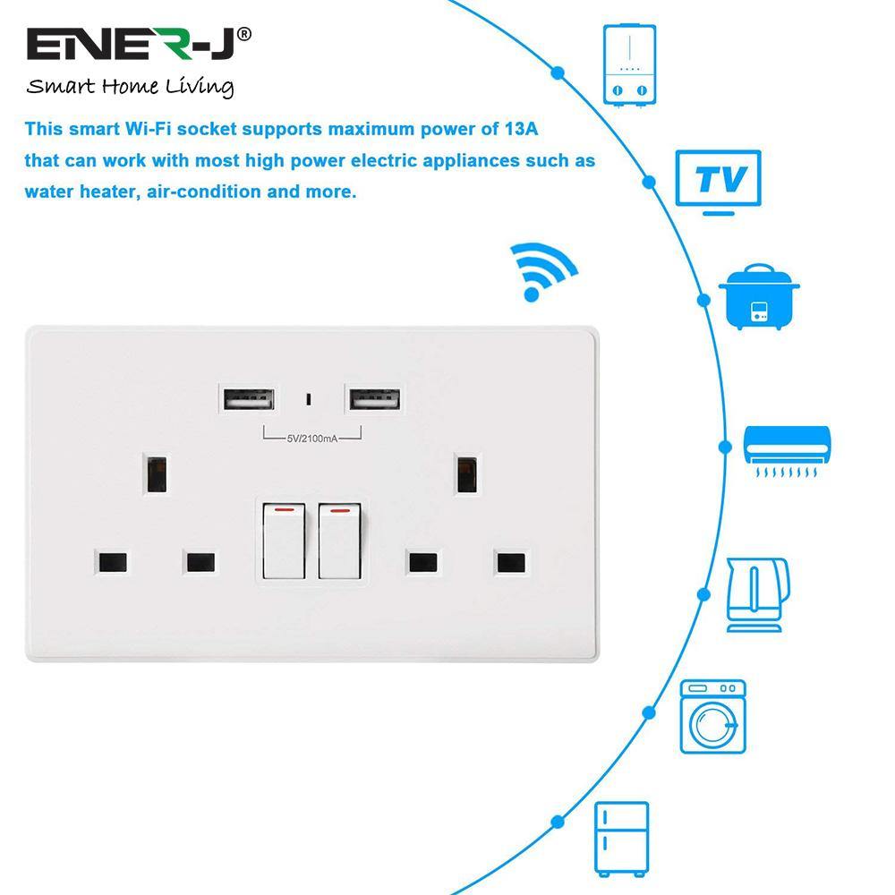 ENERJ 13A Smart WiFi Double Wall Sockets With USB, APP & Voice Control ...